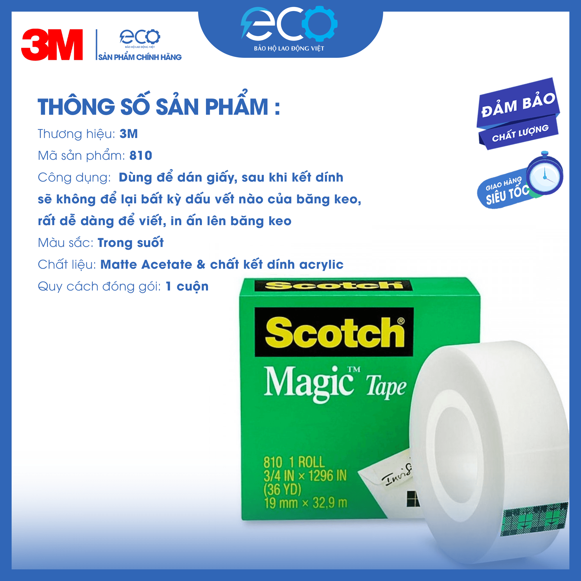 Băng keo trong suốt dán tiền và hồ sơ 3M 810